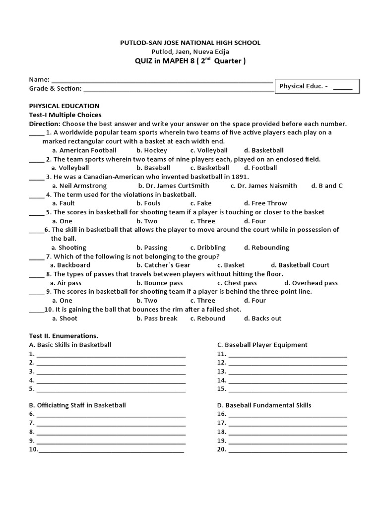 QUIZ (2nd QRT.) - MAPEH-8-Physical Educ | PDF | Indoor Sports | Team Sports QUIZ (2nd QRT.) - MAPEH-8-Physical Educ | PDF | Indoor Sports | Team Sports