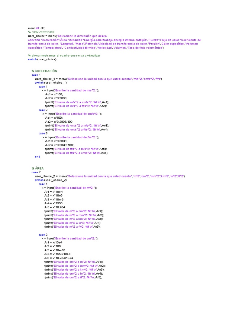 Codigo Matlab Conversion Unidades | PDF | Pascal (Unidad) | Calor