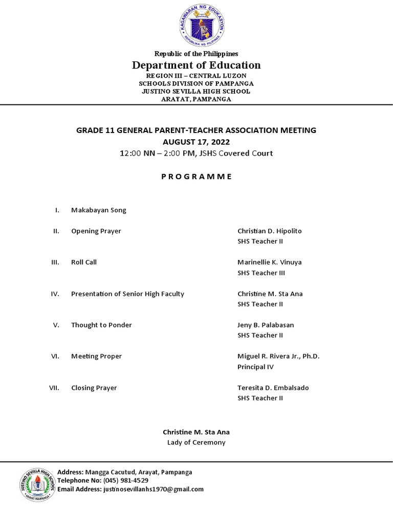 Grade 11 General PTA Meeting 2022 2023 Programme and Attendance | PDF ...