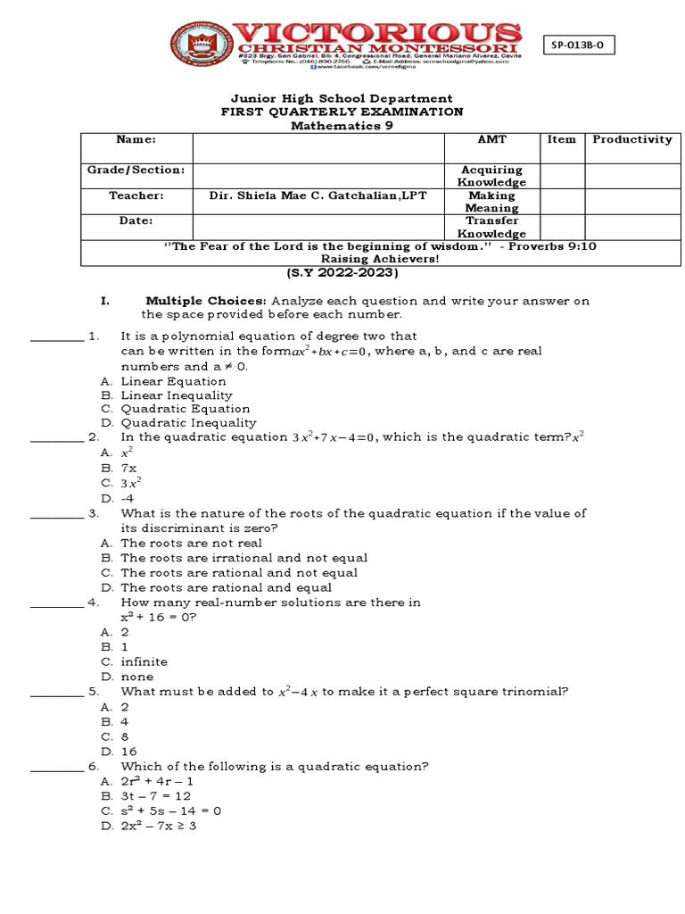 2nd G9 Math Exam | PDF | Quadratic Equation | Equations