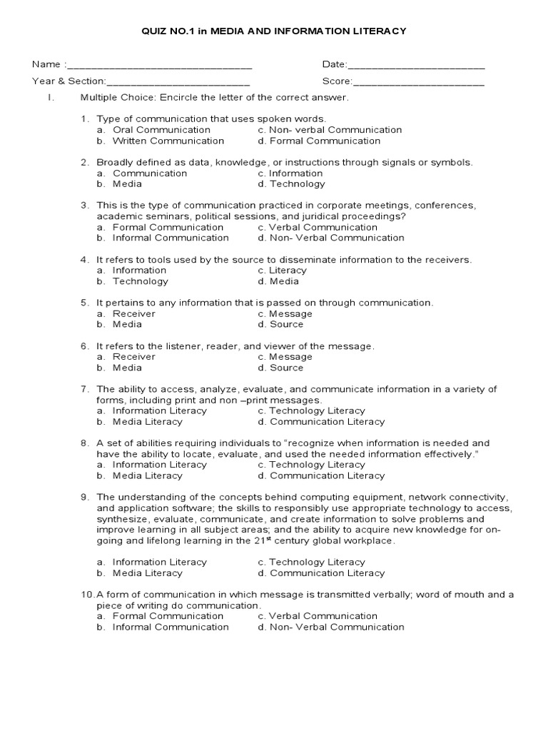 SHORT QUIZZ in MEDIA AND INFORMATION LITERACY | PDF | Communication ...