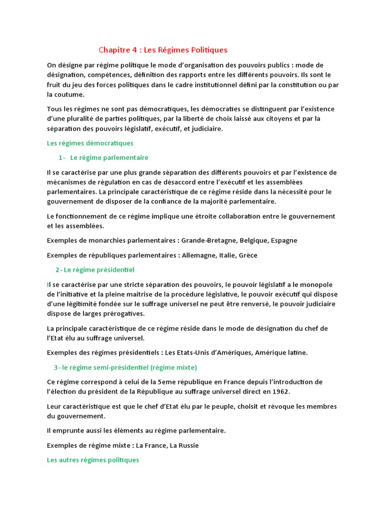 Les Régimes Politiques | PDF | Politique mondiale | Système parlementaire