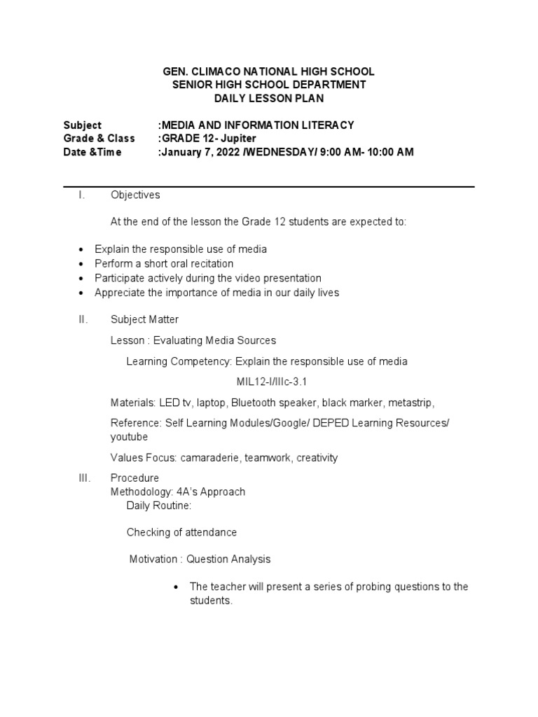 MIL Lesson Plan | PDF | Teachers | Lesson Plan MIL Lesson Plan | PDF | Teachers | Lesson Plan