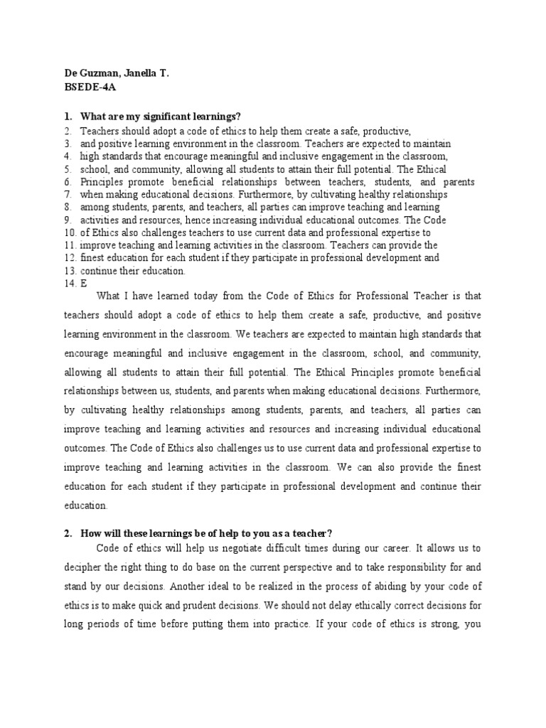 Code of Ethics Assignment | PDF | Teachers | Classroom