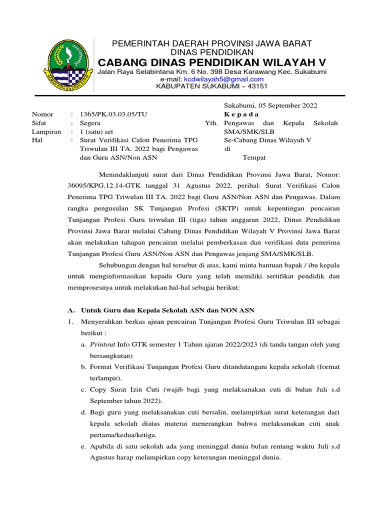 (Tte KCD V) 1365 - Se. Pemberkasan TPG TW 3 Tahun 2022 KCD V | PDF