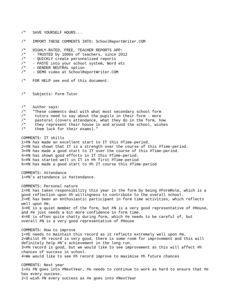 SchoolReportWriter DotCOM Comment Bank Form-Tutor | PDF | Text File | Computing