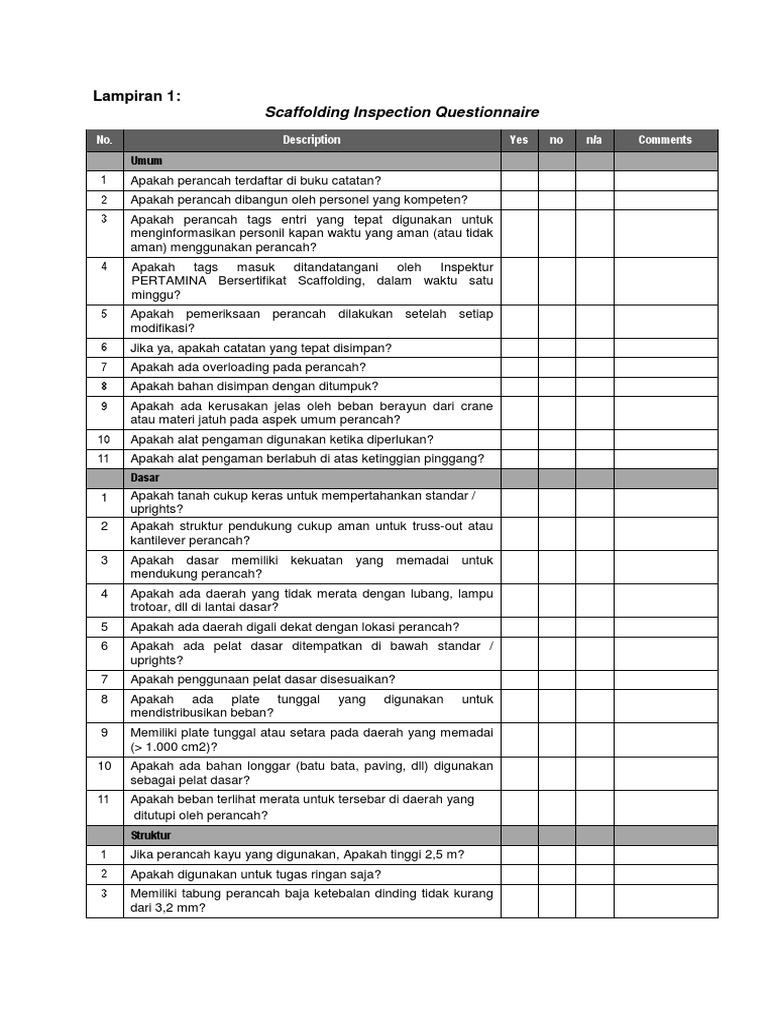 Kuesioner Inspeksi Perancah Pertamina | PDF