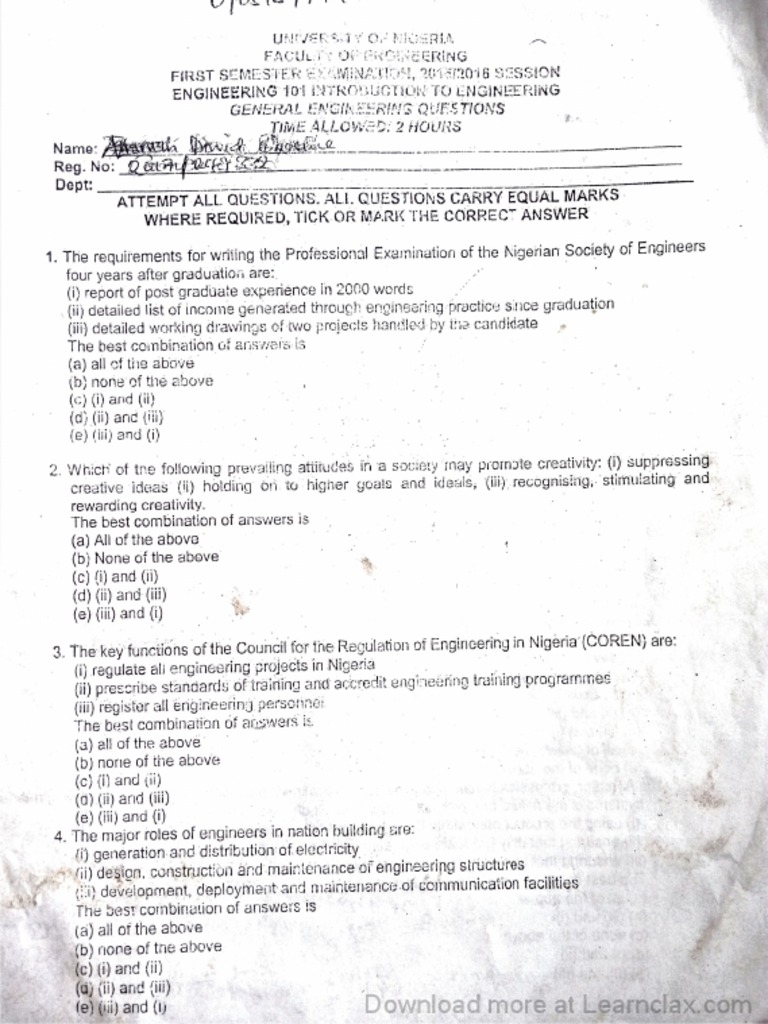 ENG101-Introduction To engineering-2016-UNN | PDF