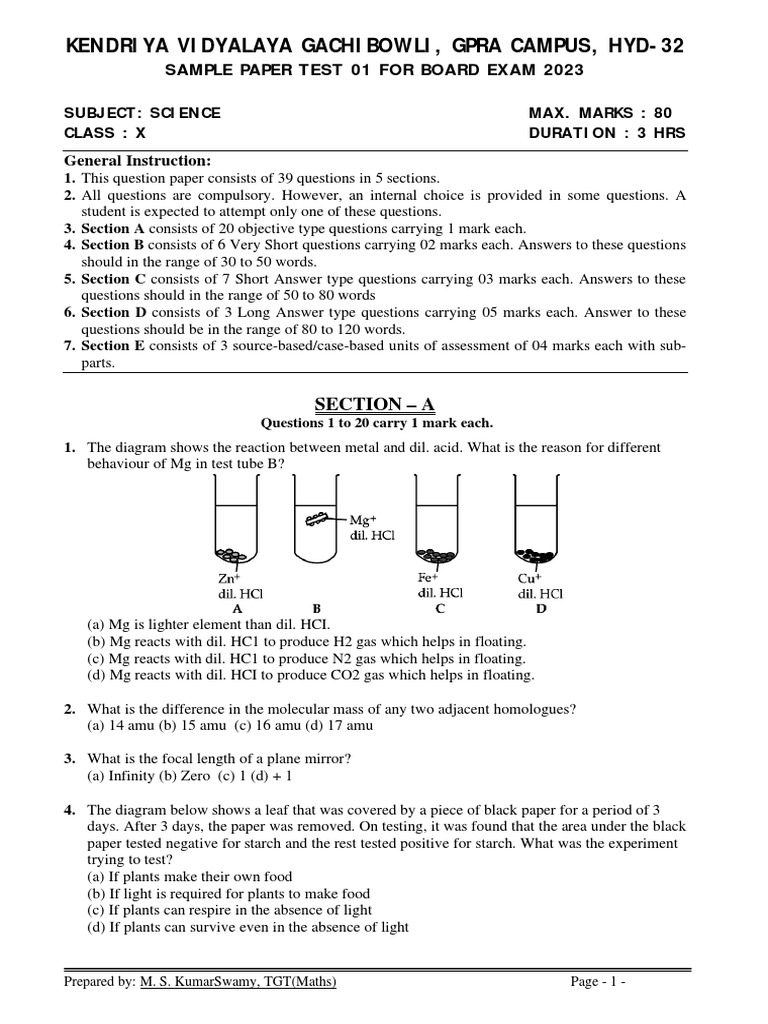 Class X Science Board Exam Sample Paper | PDF | Ph | Acid