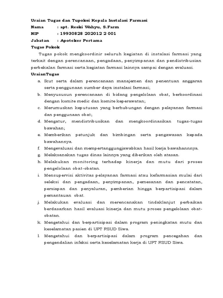 Uraian Tugas Dan Tupoksi Kepala Instalasi Farmasi | PDF