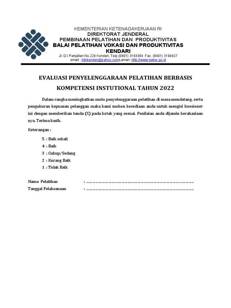 Form Evaluasi Penyelenggaraan PBK Di BLK Kendari 2022 | PDF Form Evaluasi Penyelenggaraan PBK Di BLK Kendari 2022 | PDF