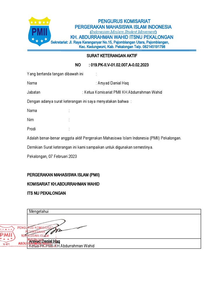 Surat Aktif PMII 2023 | PDF