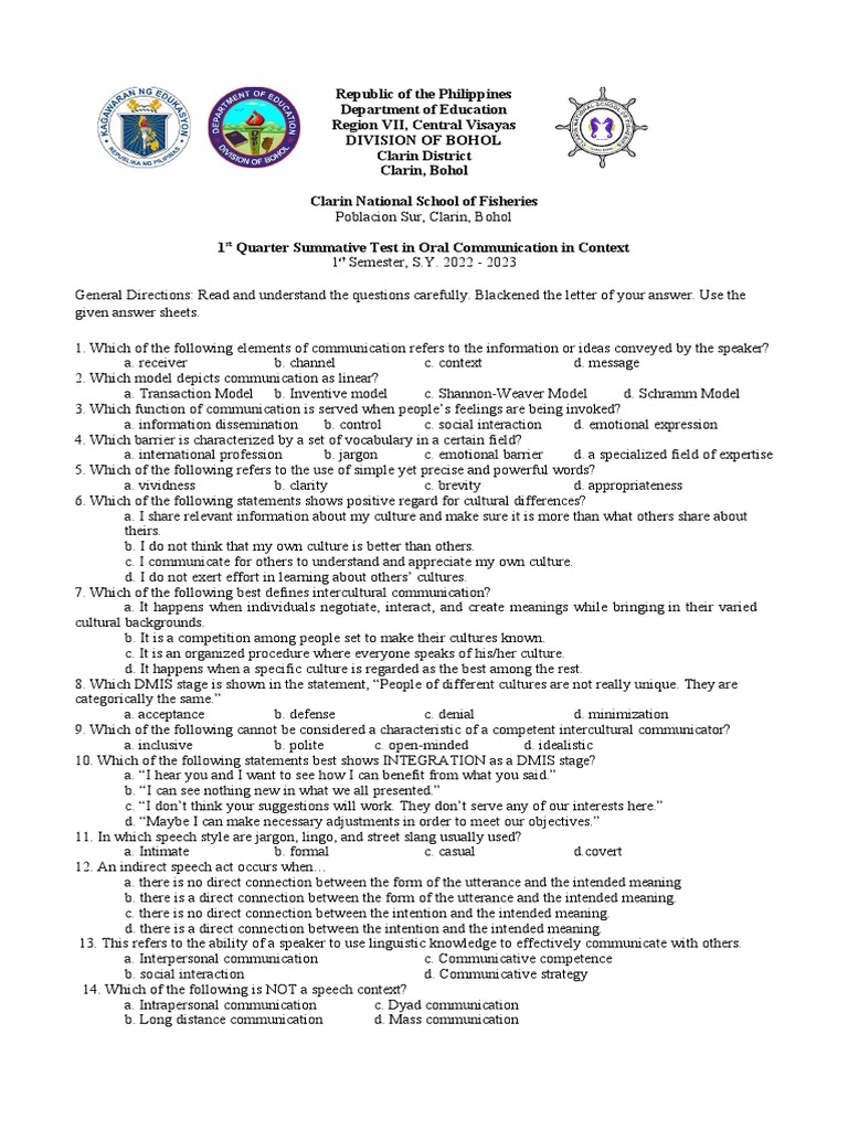 1st Quarter Oral Communication Exam | PDF | Communication | Jargon