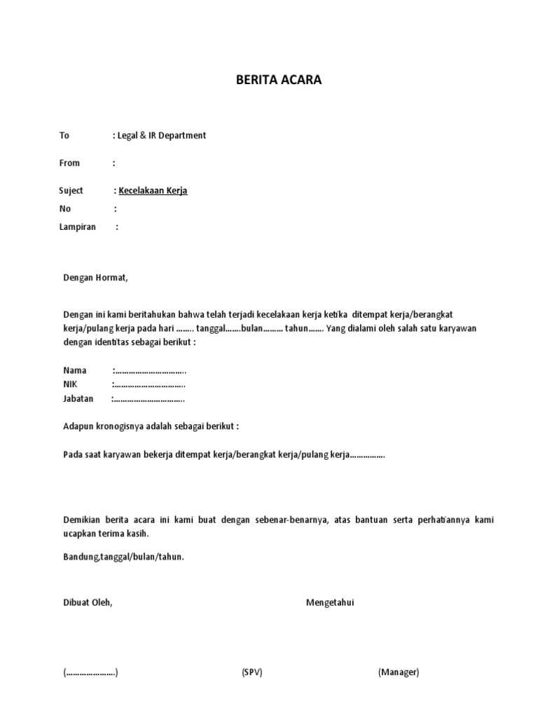 Template Berita Acara Kecelakaan Kerja Hse HRD | PDF