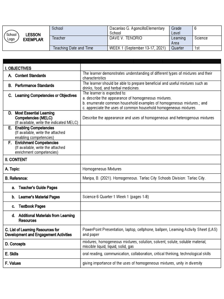 Science 6 Q1 Week 1 Lesson Exemplar | PDF | Mixture | Liquids