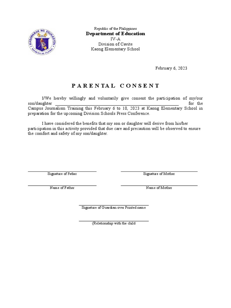 Parental consent form for student journalism camp | PDF