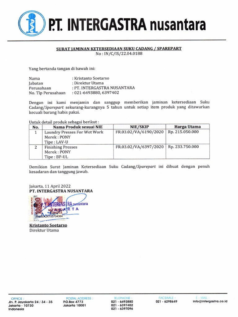 Surat Pernyataan Ketersediaan Suku Cadang Sparepart - Pt. Intergastra ...