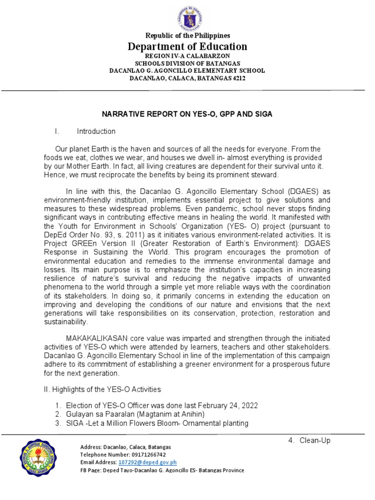 Narrative Report On Yes-O, Siga and GPP | PDF | Natural Environment ...
