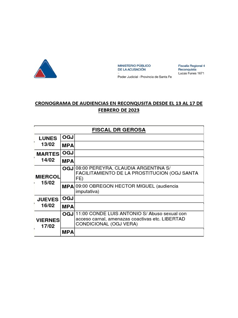 Cronograma de Audiencias en Reconqusita Desde El 13 Al 17 de Febrero de ... Cronograma de Audiencias en Reconqusita Desde El 13 Al 17 de Febrero de ...
