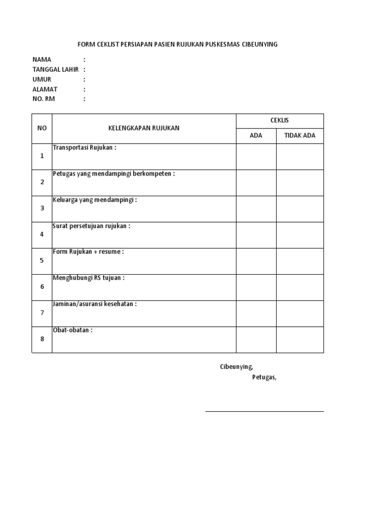 Form Cek List Persiapan Pasien Rujukan | PDF