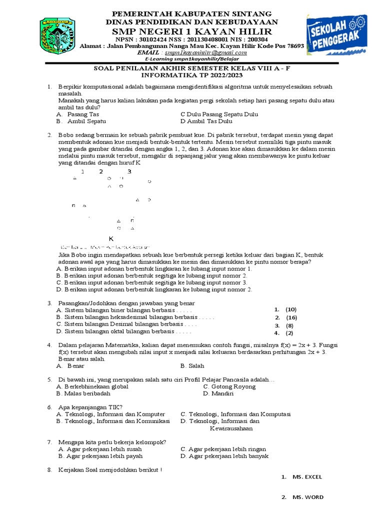 Soal Pas Ganjil Informatika Kelas 8 A - F 2022 2023 | PDF