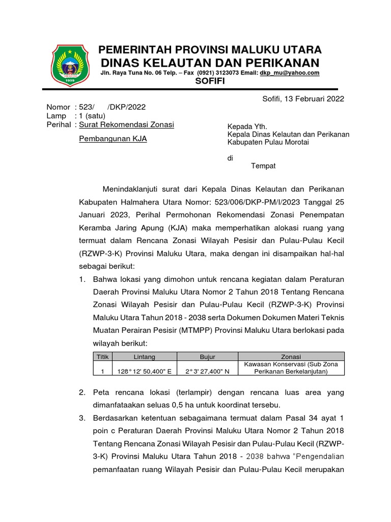 Surat Rekomendasi KJA Morotai | PDF