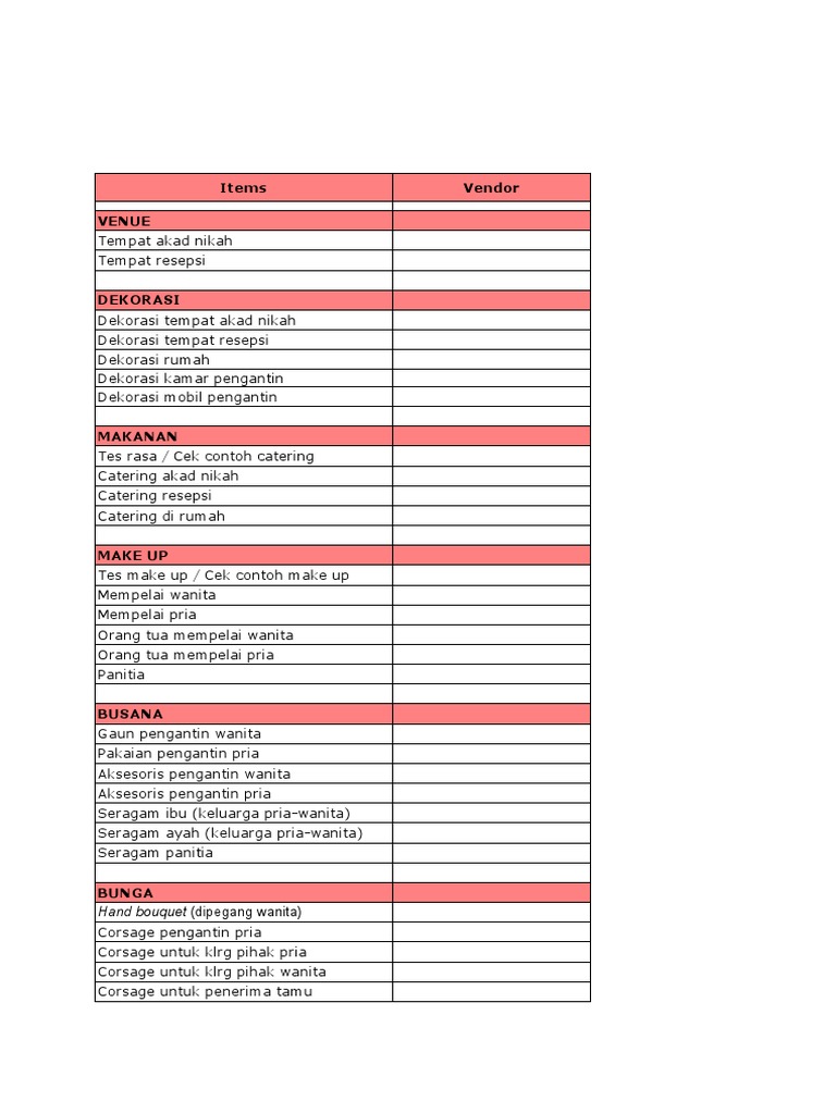 Checklist Persiapan Pernikahan Lengkap | PDF | Seni