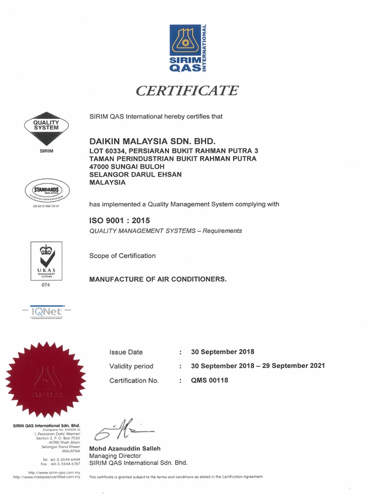 SIRIM QAS ISO 9001-2015 (2018-09-30 To 2021-09-29) | PDF