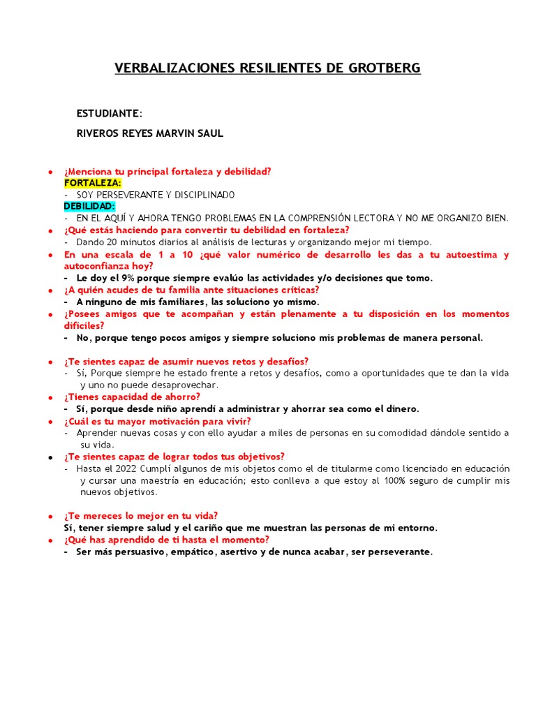 Verbalizaciones Resilientes de Grotberg | PDF