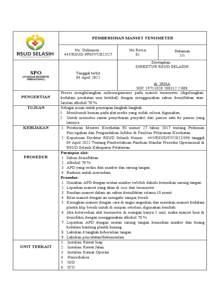 SPO Pembersihan Manset Tensimeter 2022 | PDF