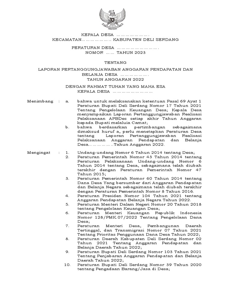 Contoh Perdes LPJ Apbdes Tahun 2022 | PDF