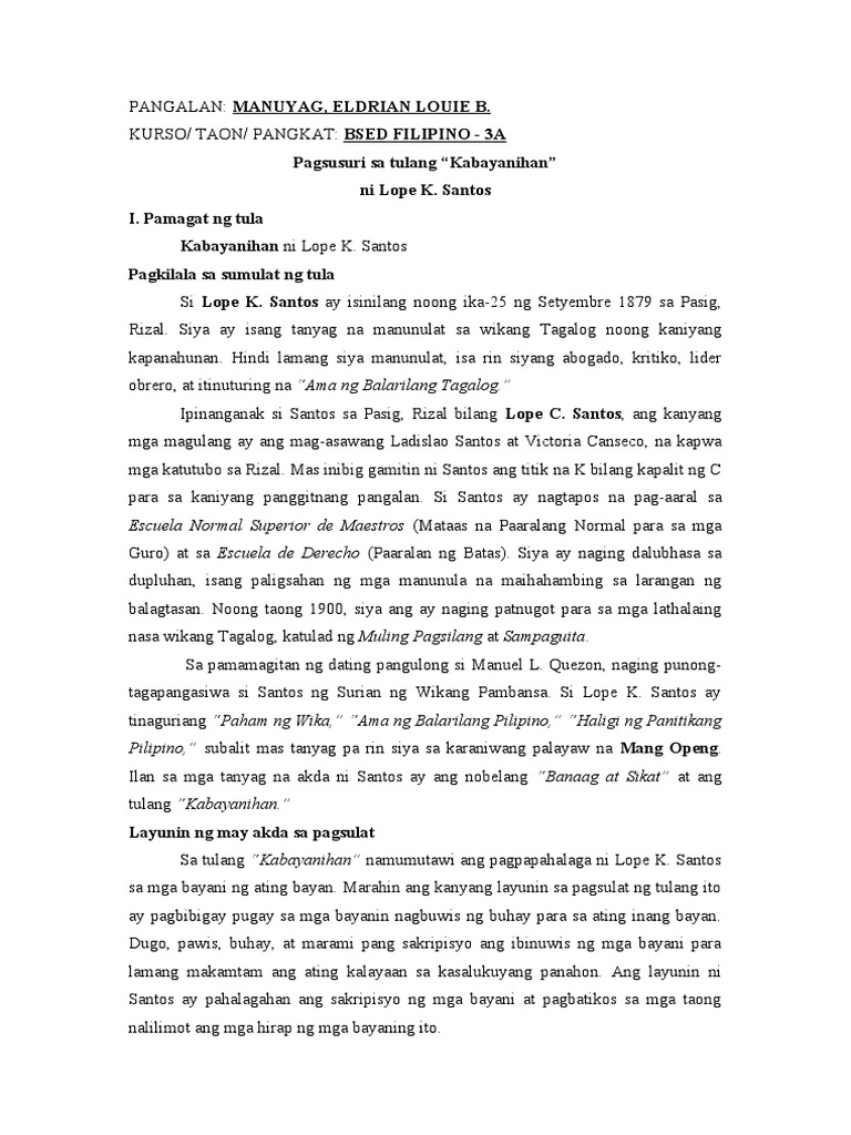 Manuyag, Eldrian Louie B. Pagsusuri Sa Kabayanihan | PDF