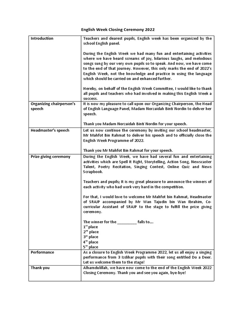 English Week Closing Ceremony 2022 Emcee Text | PDF | Human Communication
