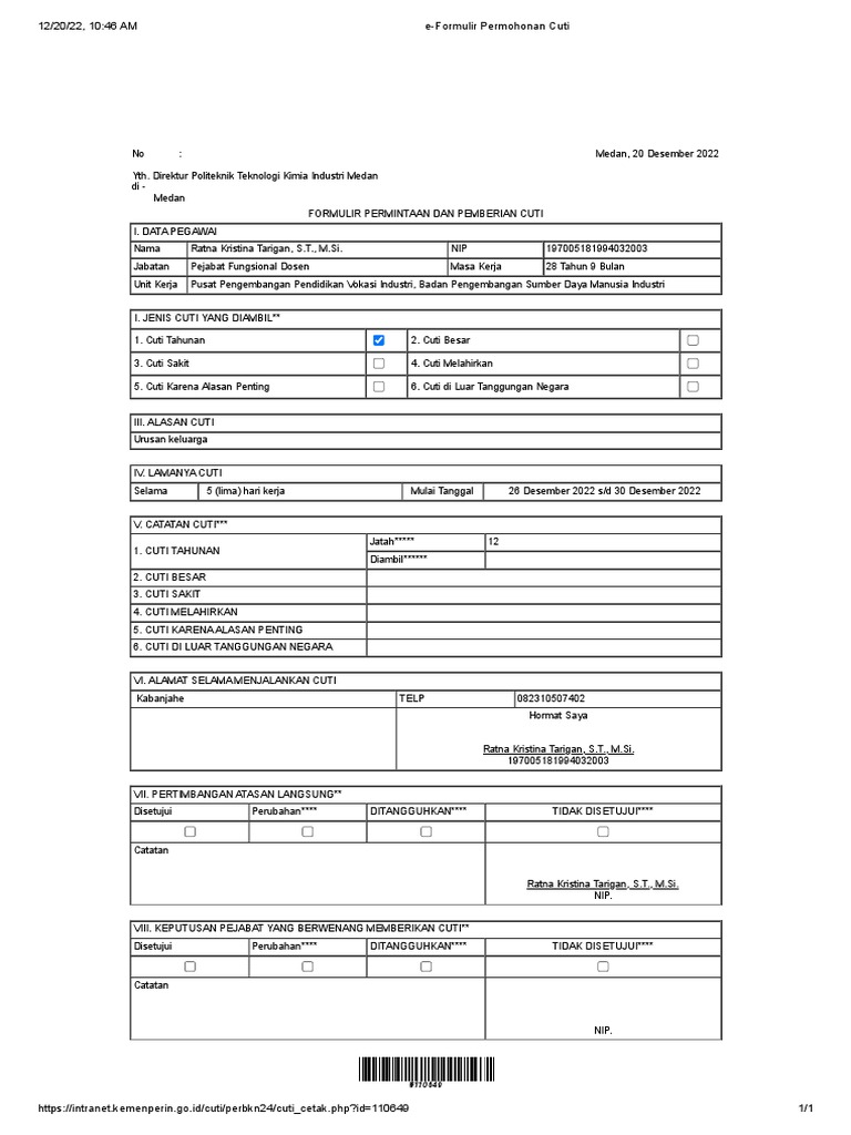 E-Formulir Permohonan Cuti | PDF