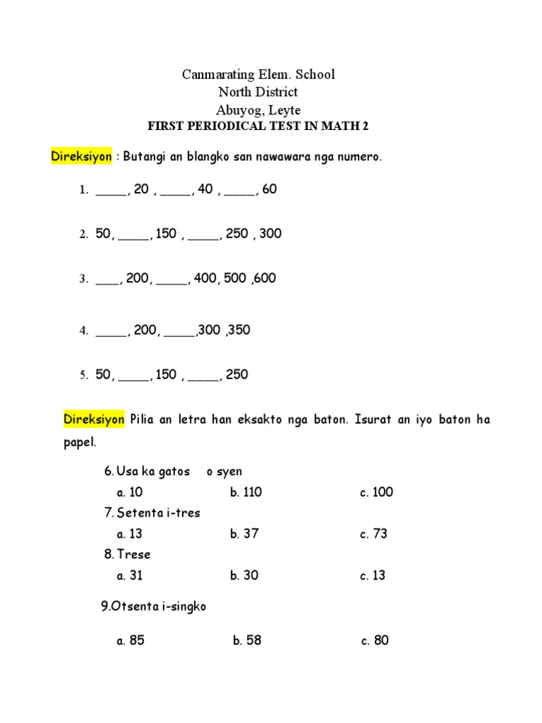 First Periodical Test in Math2 | PDF