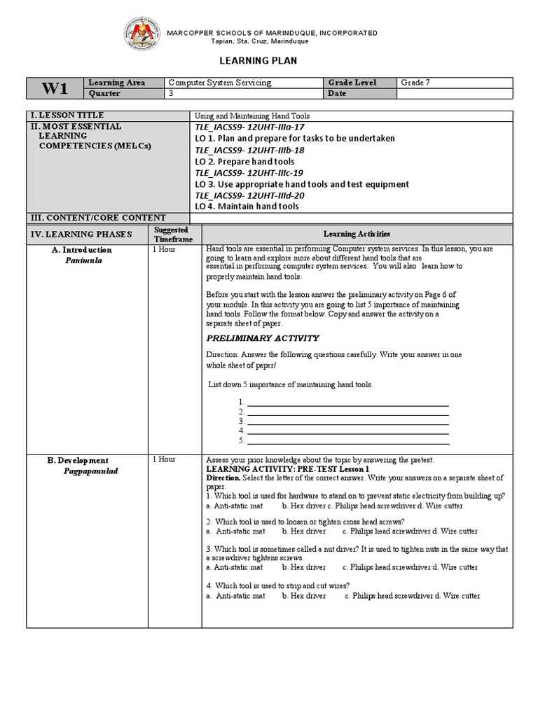 Learning Plan TLE ICT 7 | Download Free PDF | Learning | Screw