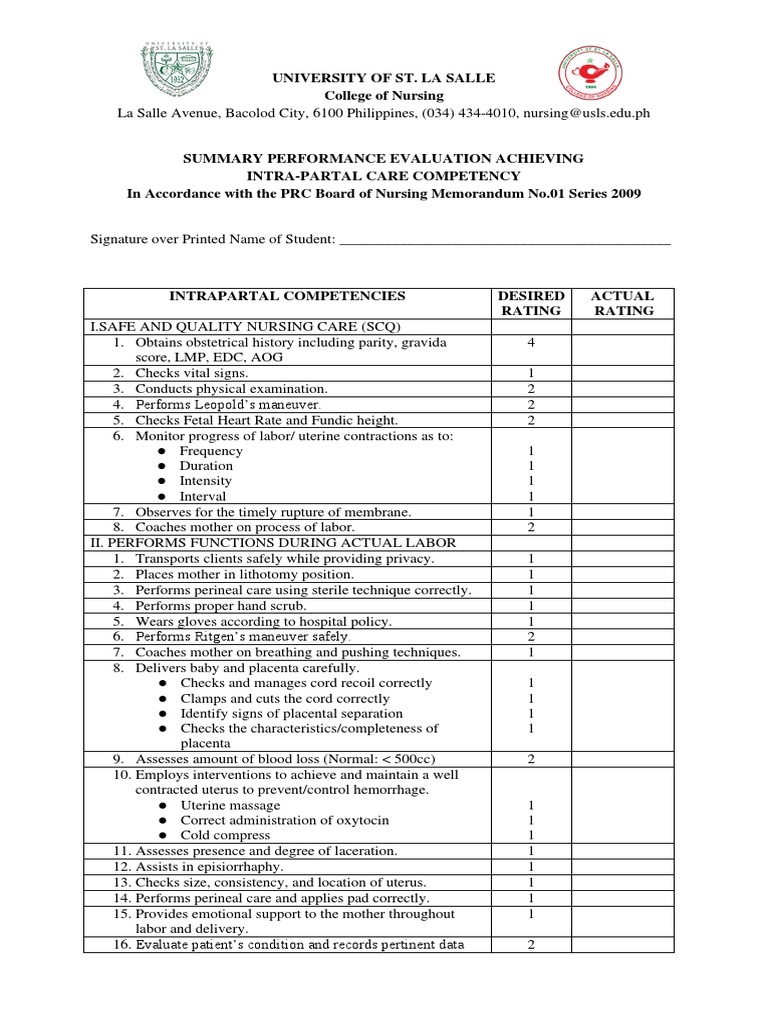DR Checklist Intrapartal Competencies | PDF | Childbirth | Postpartum ...