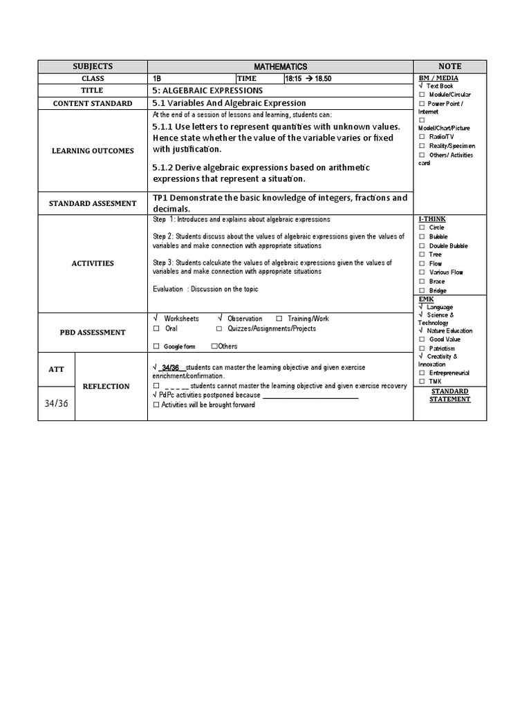 RPH PKP 2021 Math Form 1 | PDF | Mathematics | Variable (Mathematics)