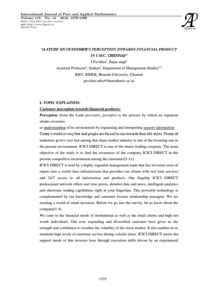 A Study On Customer'S Perception Towards Financial Product: in I Sec, Chennai | PDF | Data ...