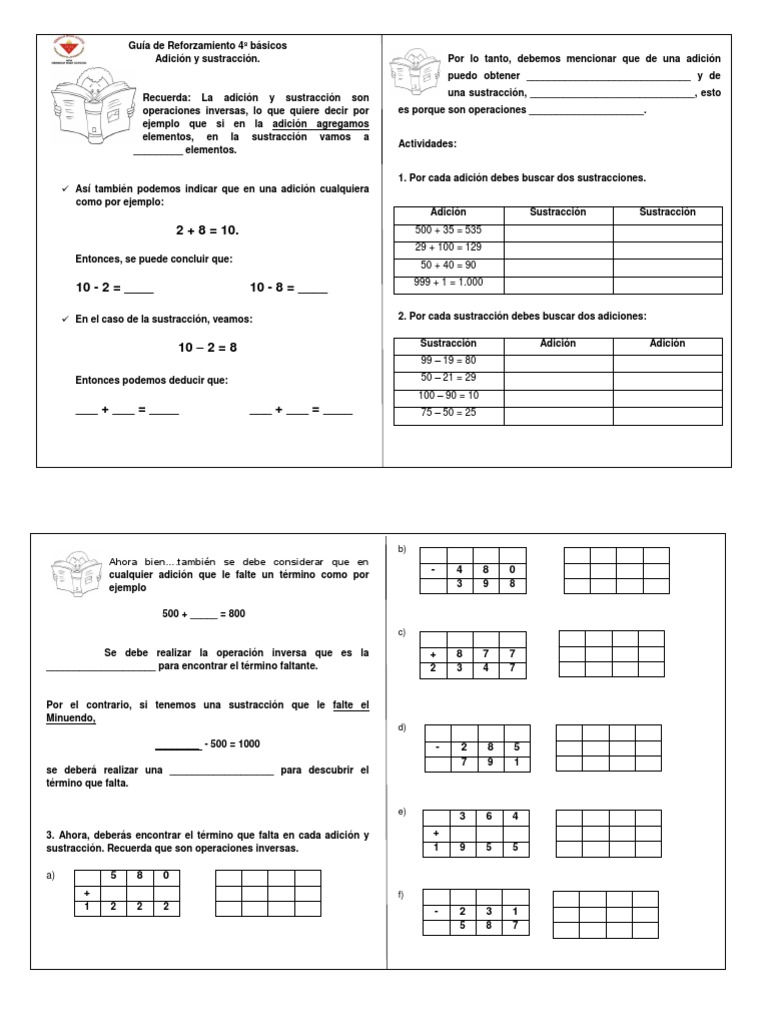 CUARTO AÑO BASICO MAT - 4bo - Guia-N°1-Adicion-y-Sustraccion | PDF ...