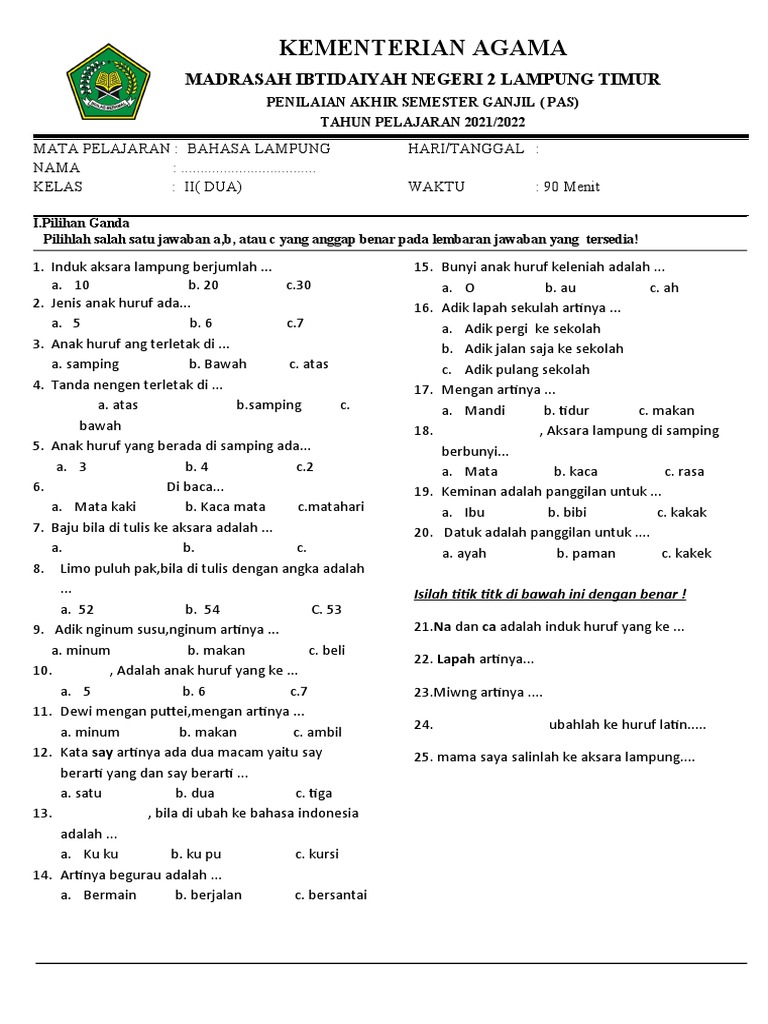 Soal Bahasa Lampung KLS 2 Ganjil 2022-2023 | PDF