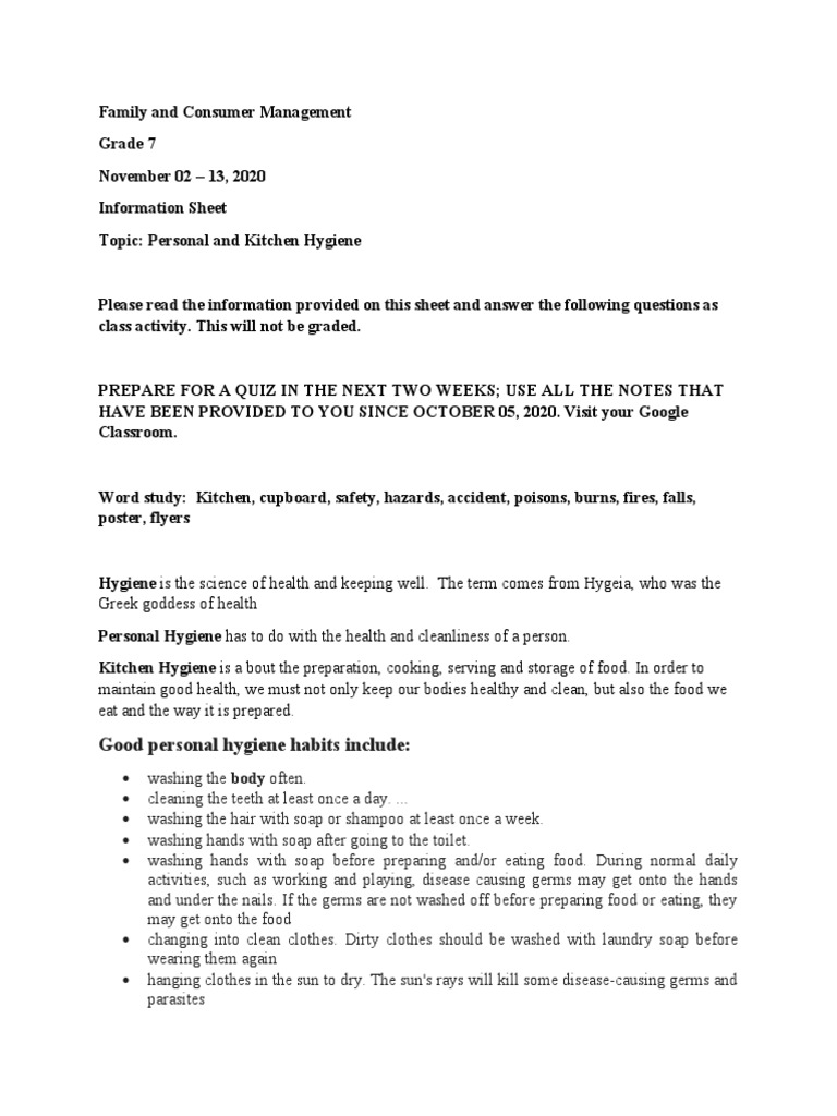 Notes On Personal and Kitchen Hygiene | PDF | Hygiene | Cooking