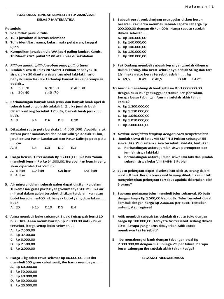 Soal Mid Kelas 7 2021 | PDF | Griya & Taman