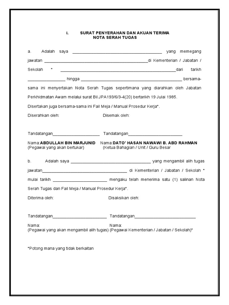 SURAT PENYERAHAN DAN AKUAN TERIMA NOTA SERAH TUGAS SETIAUSAHA ...