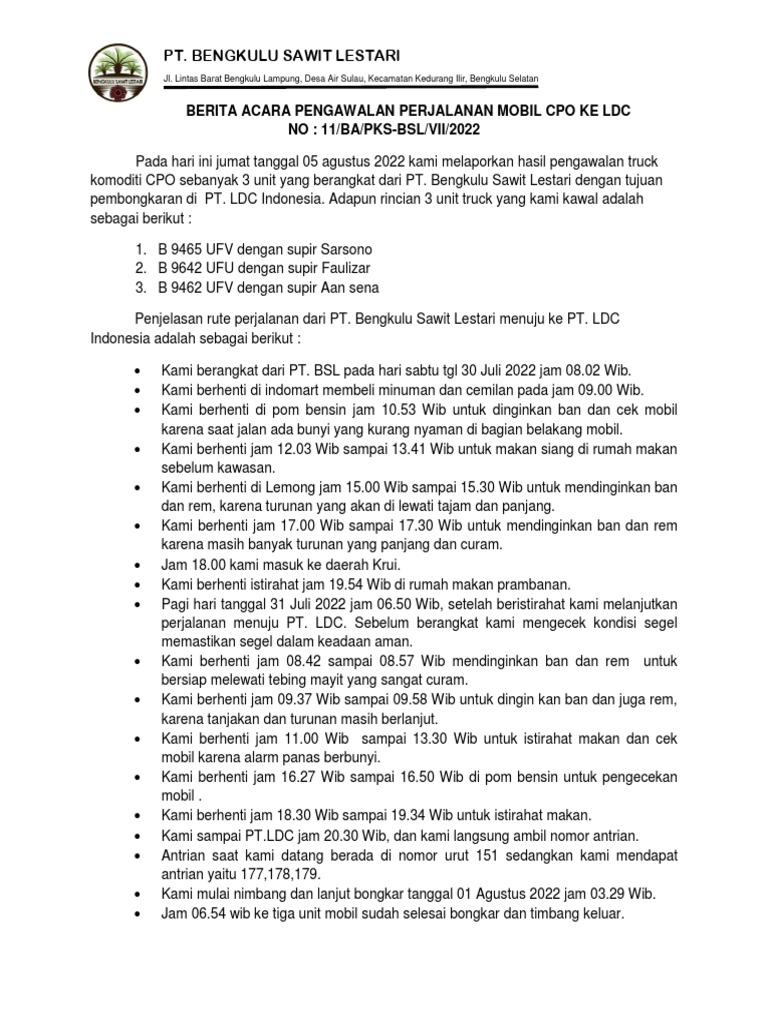 Berita Acara Perjalanan Pengawalan Cpo | PDF