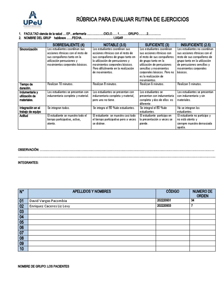 RUBRICA PARA EVALUAR RUTINA DE EJERCICIOS Gimnasia Rítmica-Grupo Los ...