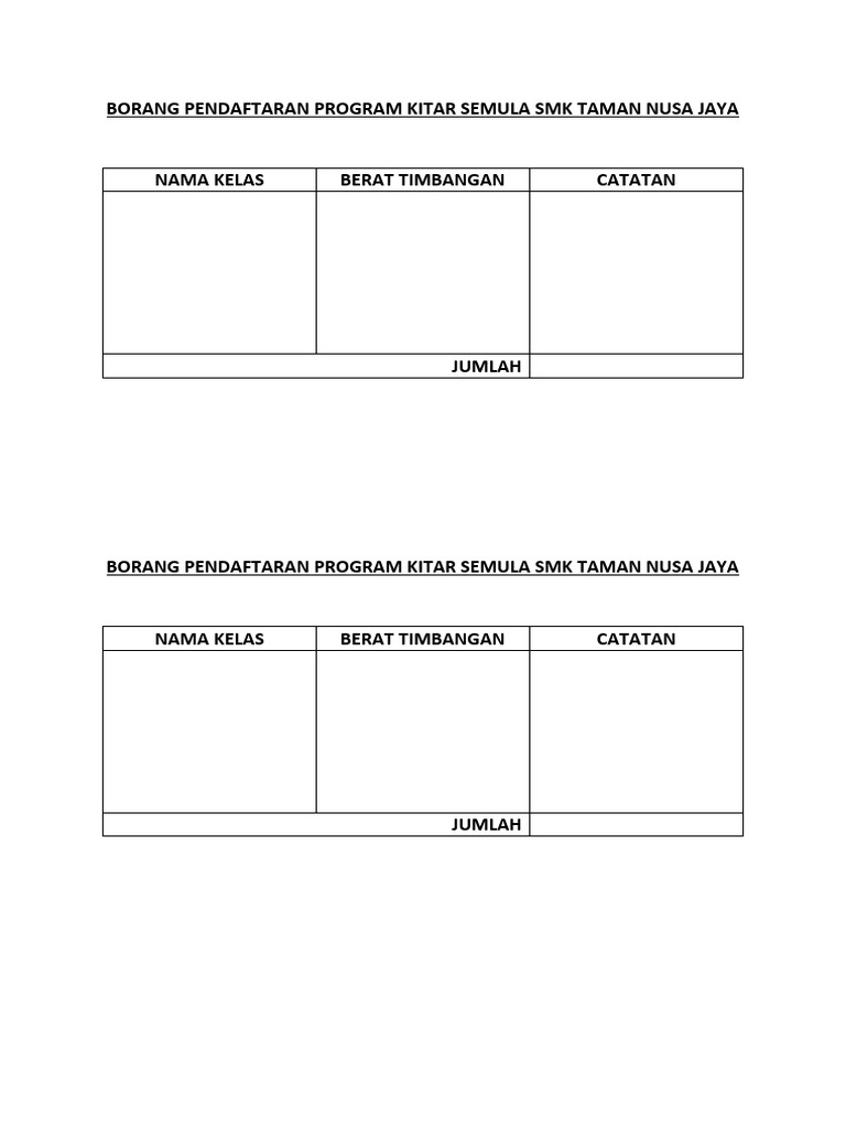 Borang Pendaftaran Program Kitar Semula SMK Taman Nusa Jaya | PDF