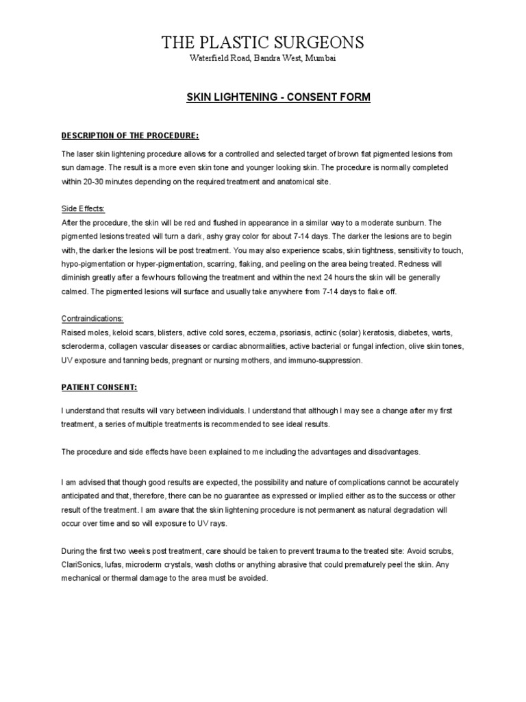 Skin Lightening - Consent Form TPS | PDF | Medical Specialties ...