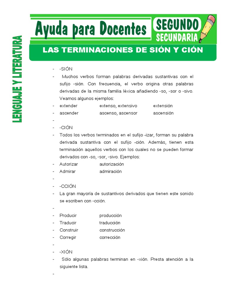 Las Terminacines SION Y CION para Segundo de Secundaria | PDF ...