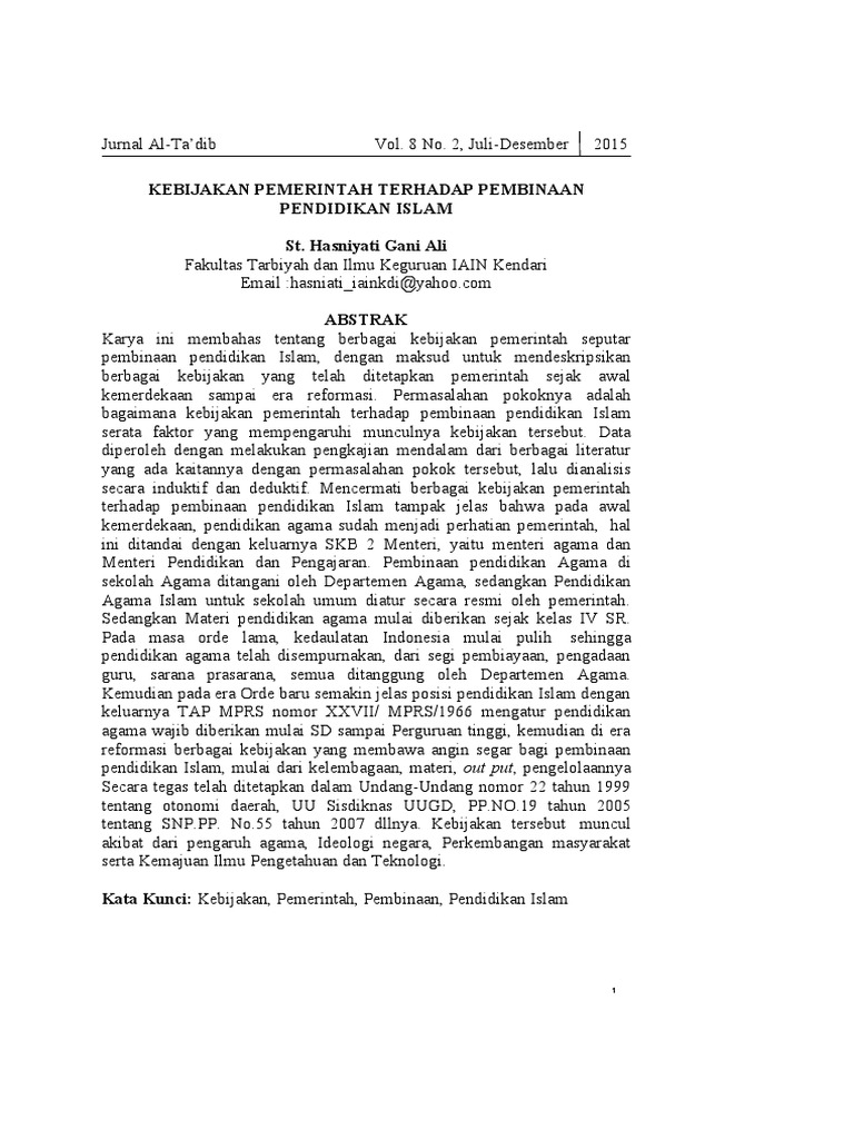 Kebijakan Pemerintah Terhadap Pembinaan Pendidikan Islam St. Hasniyati Gani Ali | PDF